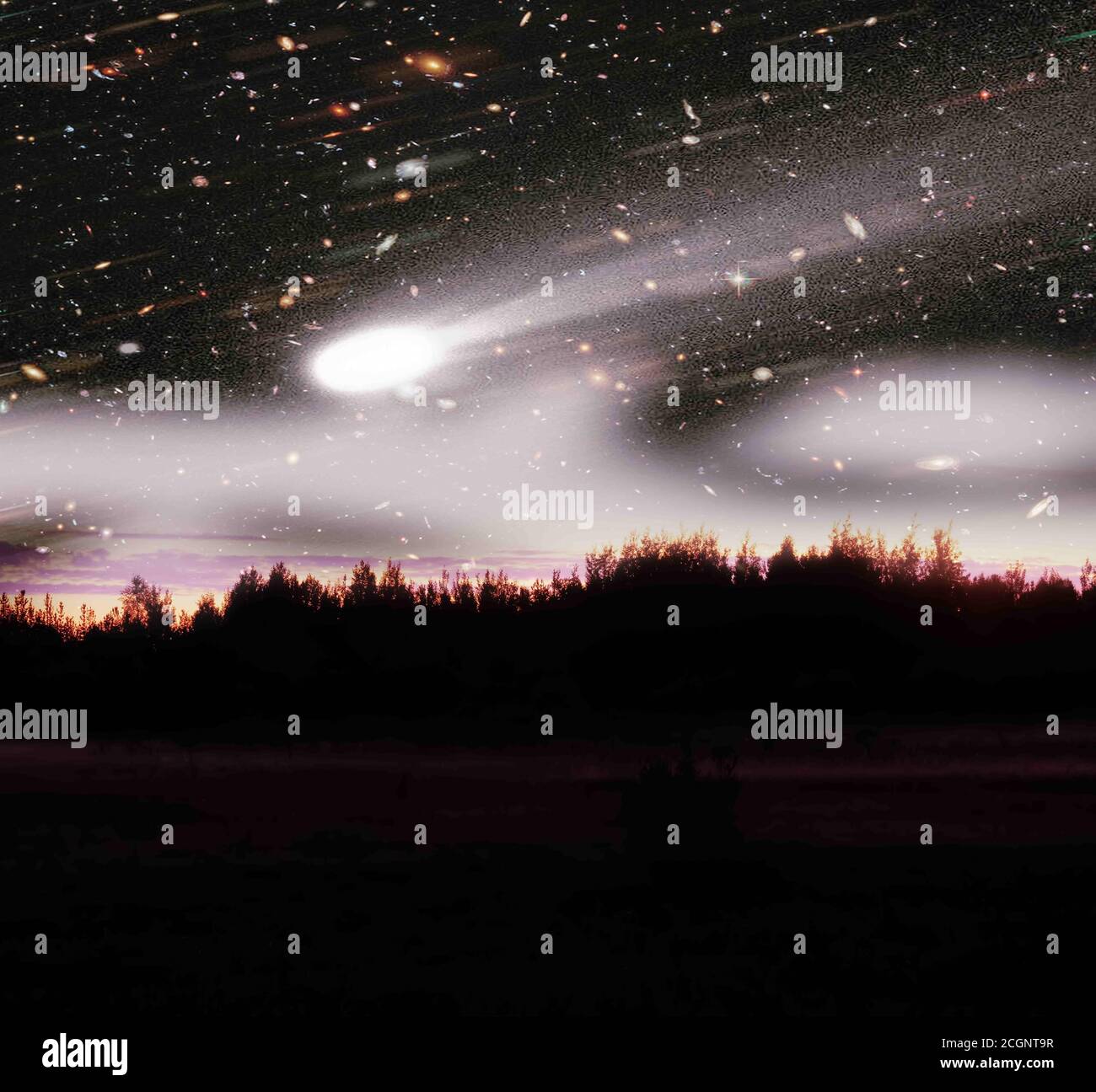 Fog and sunset on field in summer night and cosmic atmosphere of earth ...