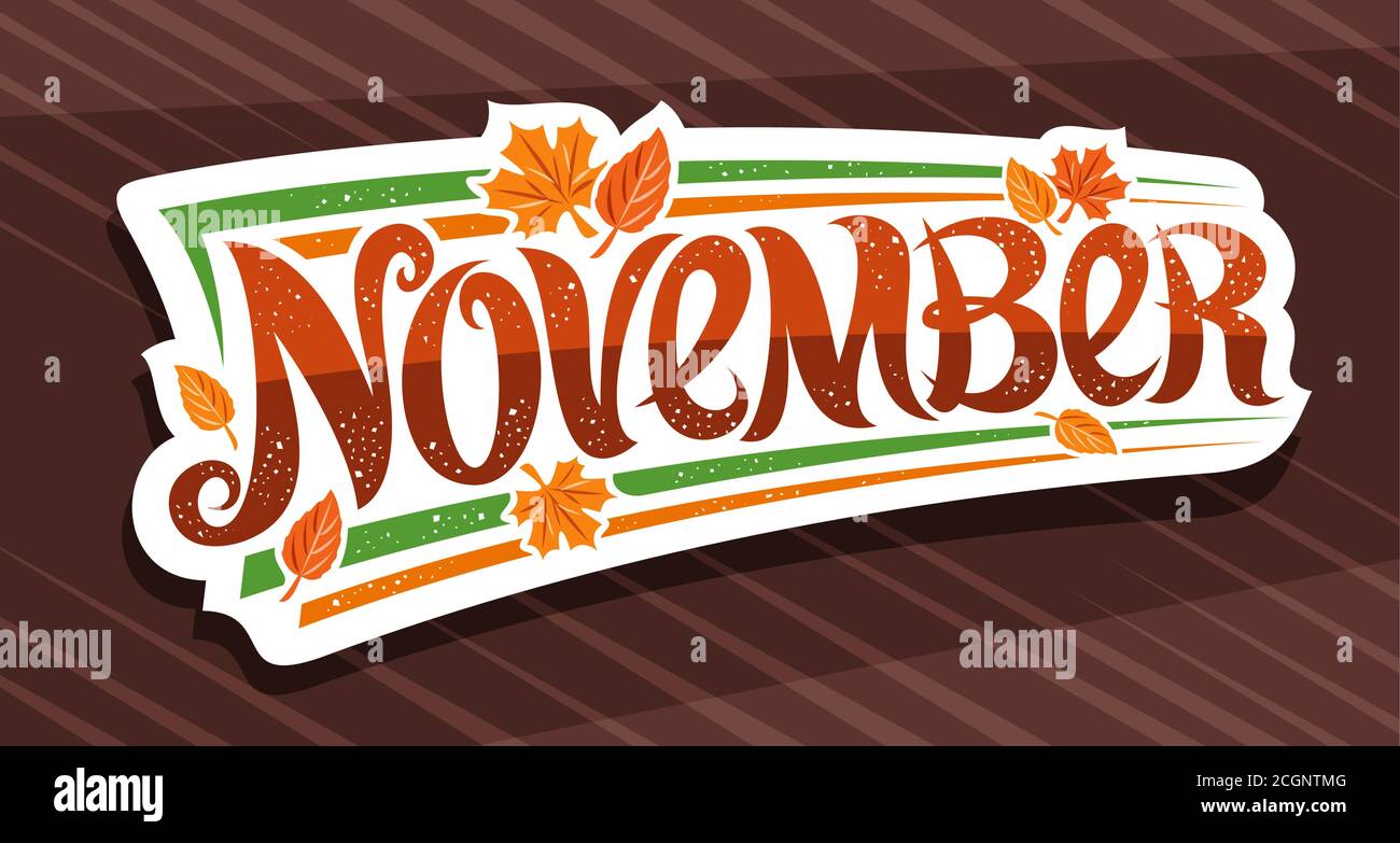 Vector banner for November, white logo with curly calligraphic font ...