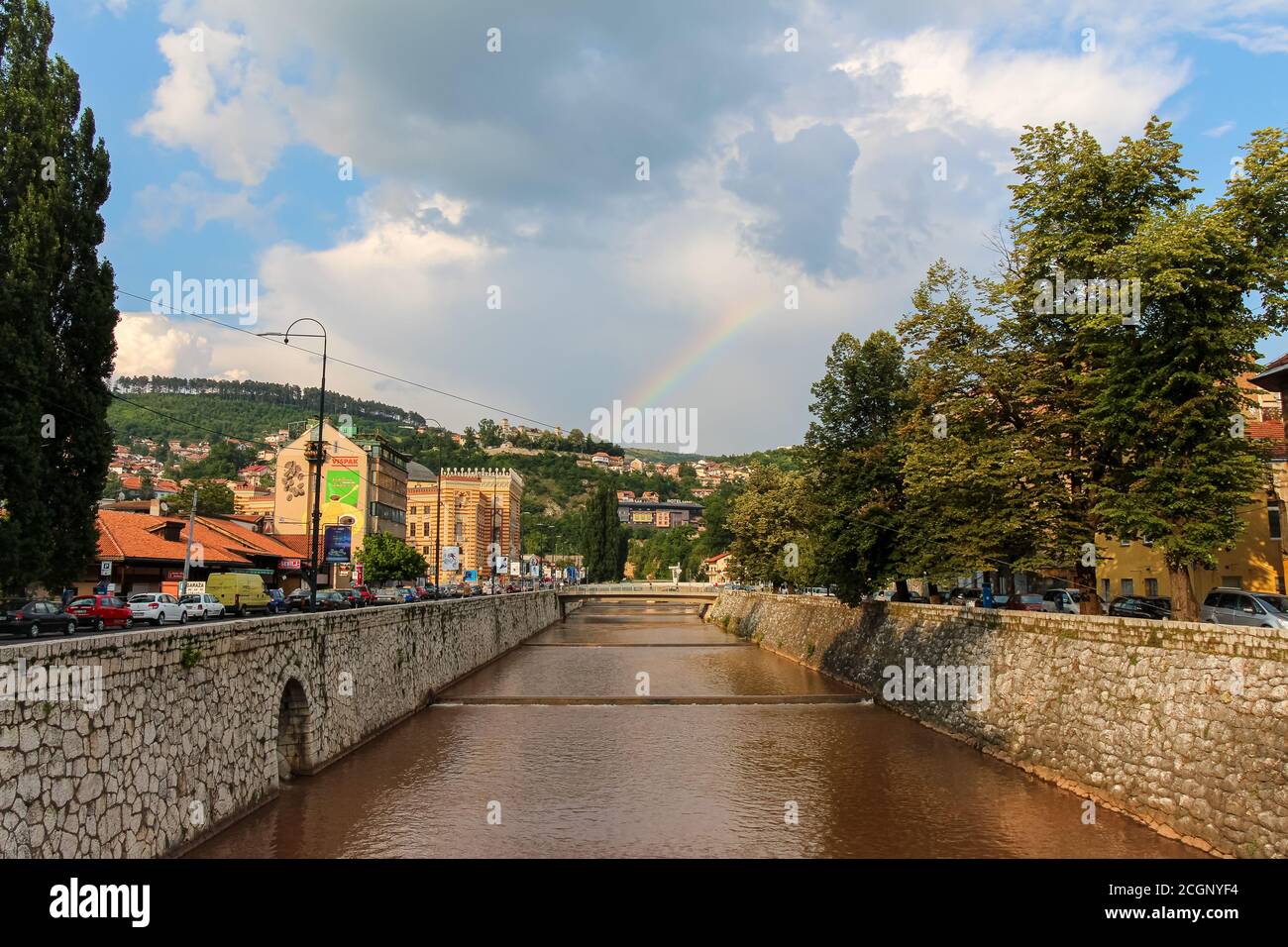 Sarajevo, Bosnia and Herzegovina - July 3rd 2018: The Miljacka River ...