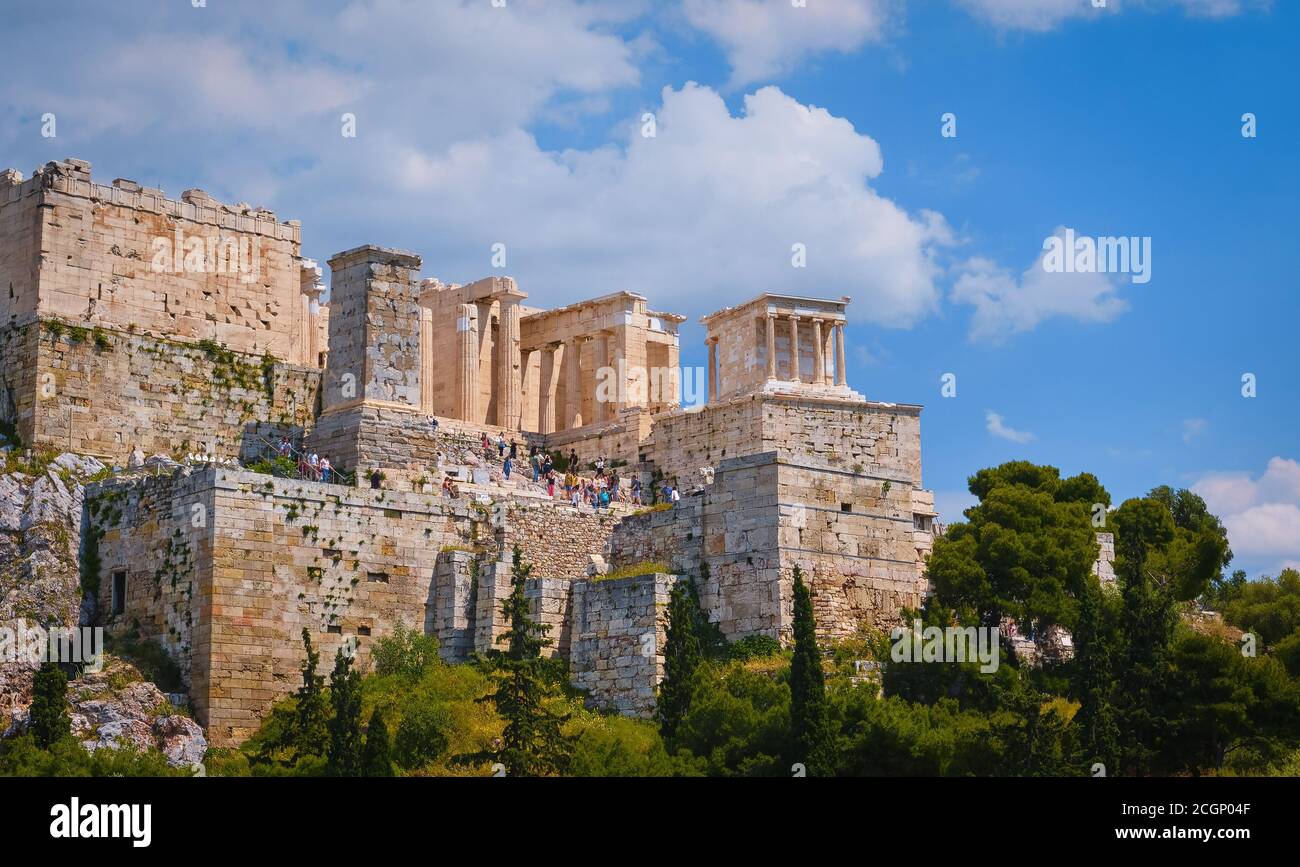 View of Acropolis hill from Areopagus hill in summer day with great ...