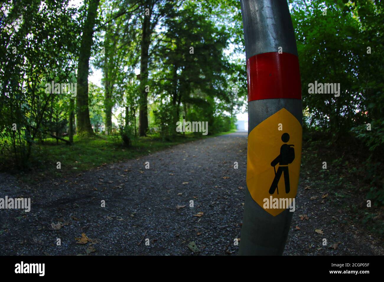 Hiking sign in forrest path on a metal post Stock Photo - Alamy