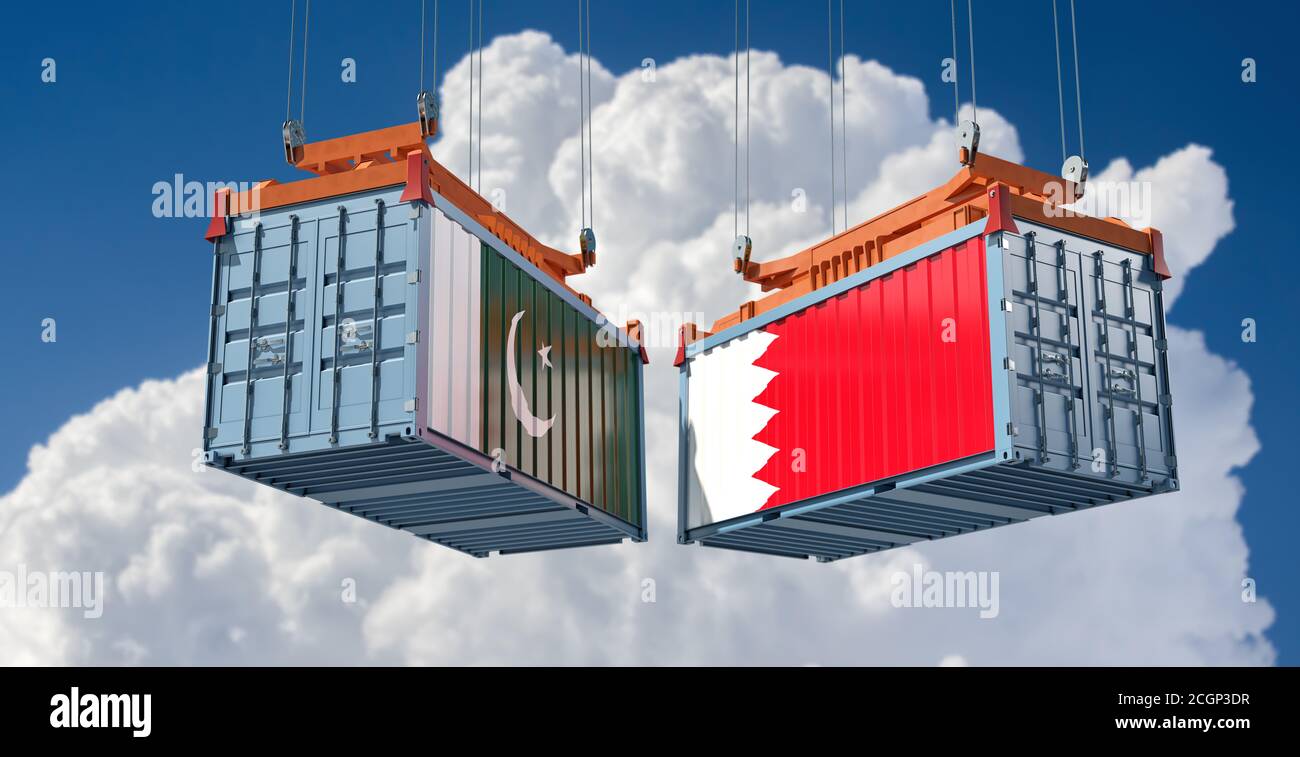Freight containers with Bahrain and Pakistan flag. 3D Rendering Stock ...