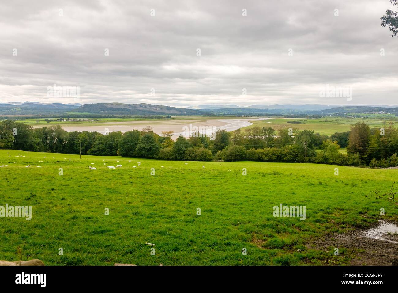 view over Morecambe Bay at Sandside toward Whitbarrow Scar Cumbria ...