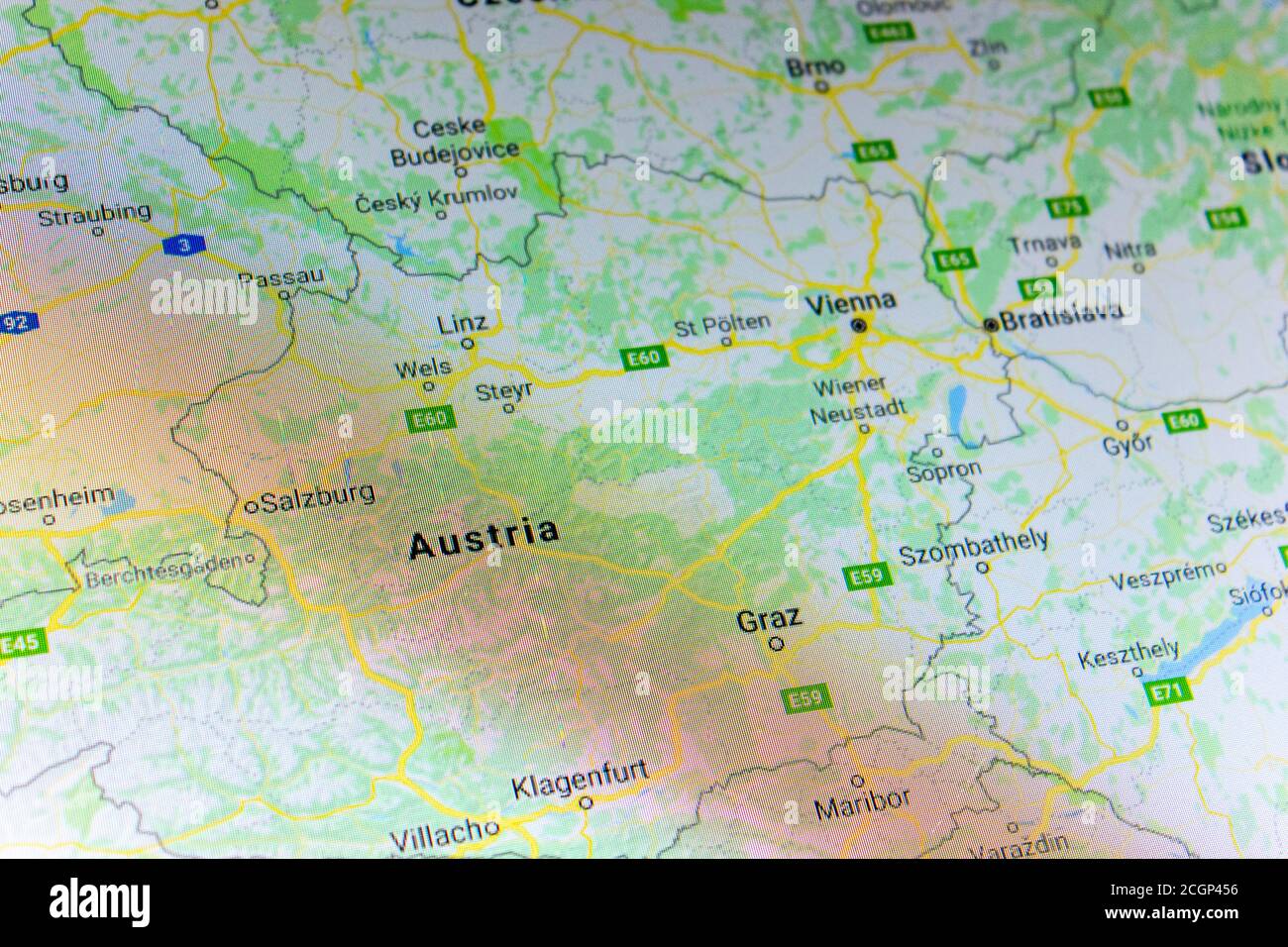 Ryazan, Russia - July 08, 2018: Country of Austria on the google maps ... Ryazan, Russia - July 08, 2018: Country of Austria on the google maps ...