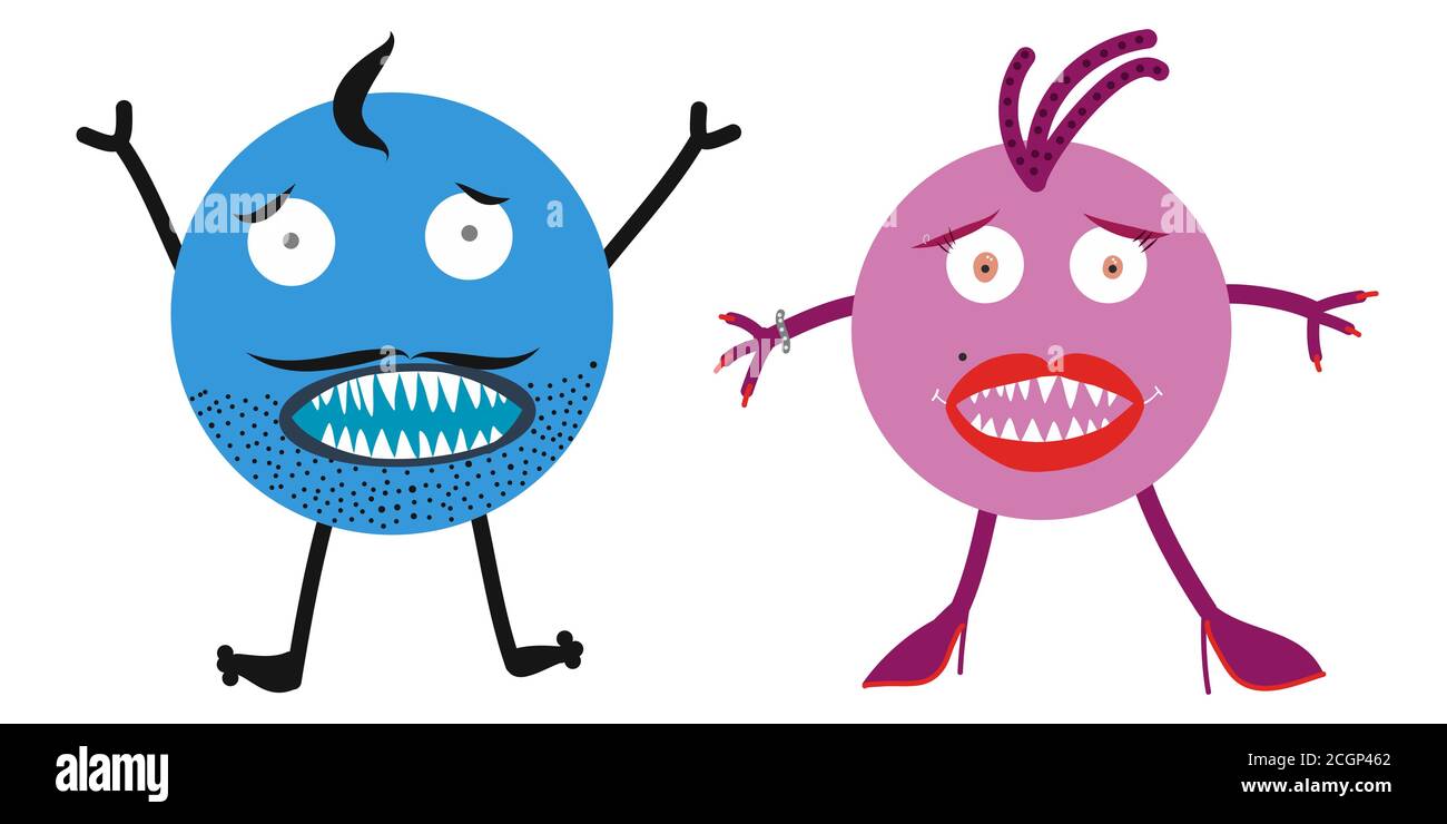 Monsters family. Angry and scared husband and wife. Isolated character ...
