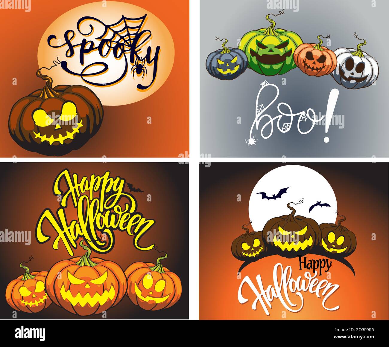 set Halloween pumpkin with funny scary faces in different shapes and ...