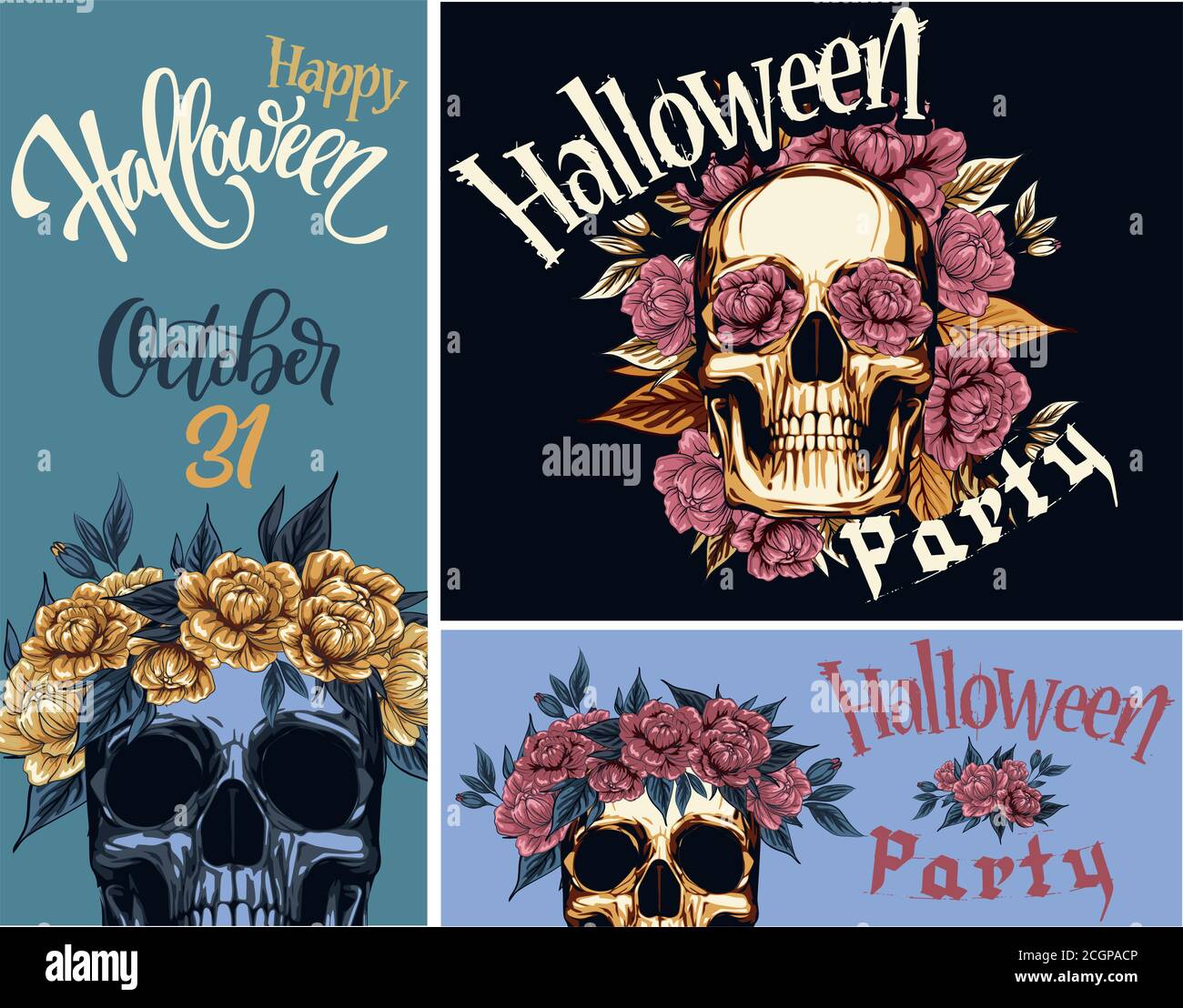 Metallic skull with floral wreath of golden roses, editable templates ...