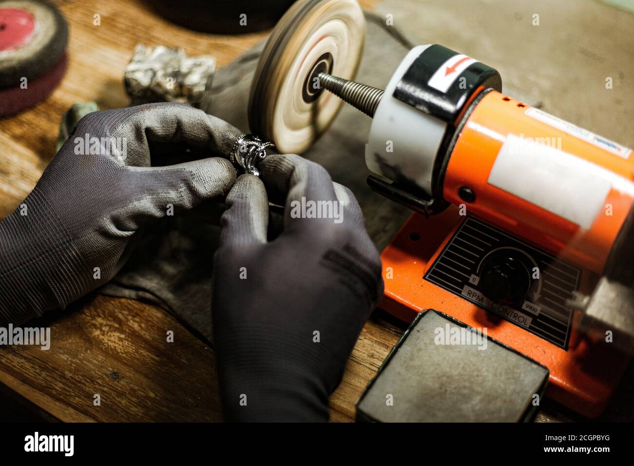 close-up. The jeweler makes a silver ring. On the island of Bali ...