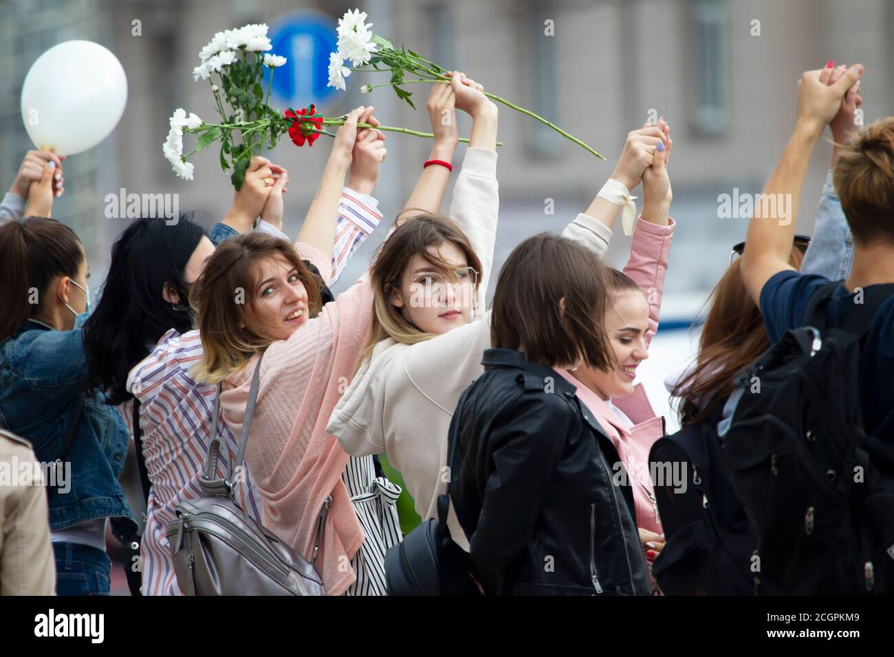 Peaceful rally in Belarus against the dictator. A group of people at ...