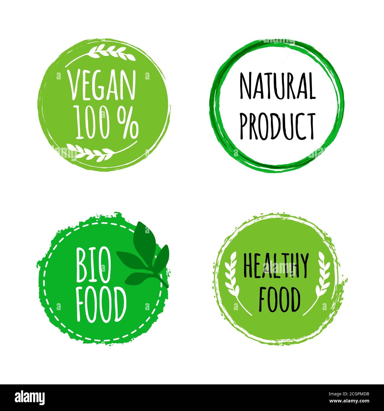 Vegan round logos, badges. Set of hand drawn bio, healthy food badges ...