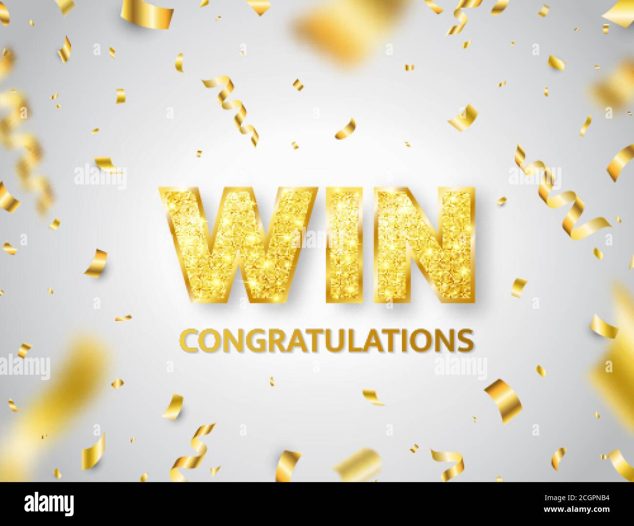 Win golden glitter letters with falling confetti. Bright ...