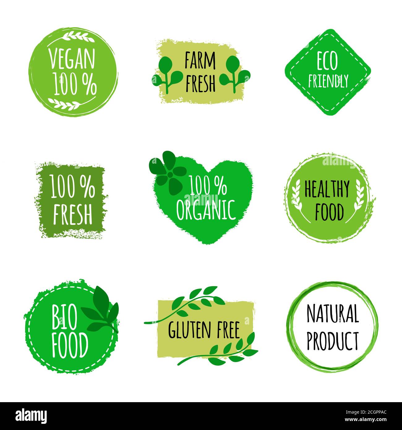 Set of vegan logos, badges, signs. Hand drawn bio, healthy food badges ...