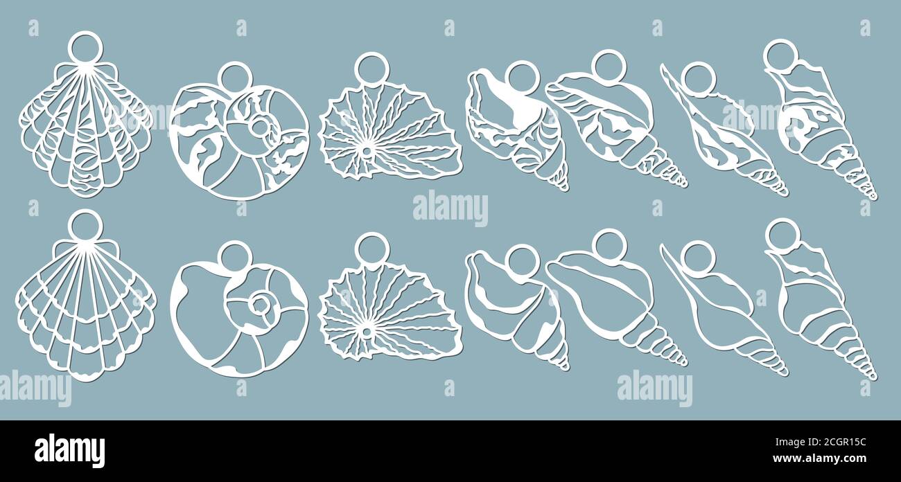 Shells of the sea in the form of pendants. Laser cutting. Craft paper ...