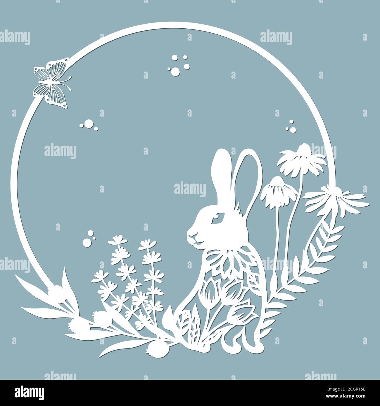 rabbit, hare in a round frame, with patterns, flowers, butterflies ...