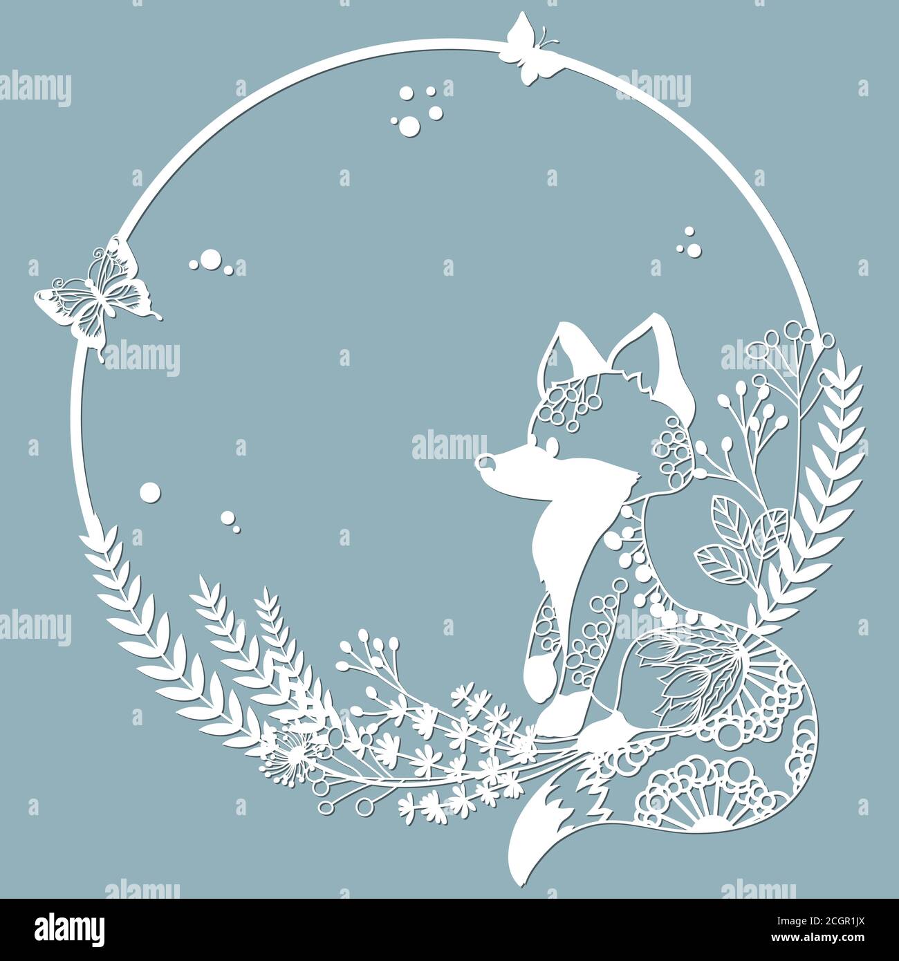 Fox in a round frame, with patterns, flowers, butterflies. Template for ...