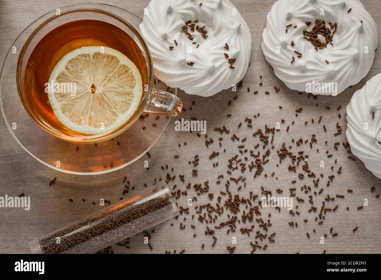 black tea in transparent cup an air homemade meringues close up Stock ...