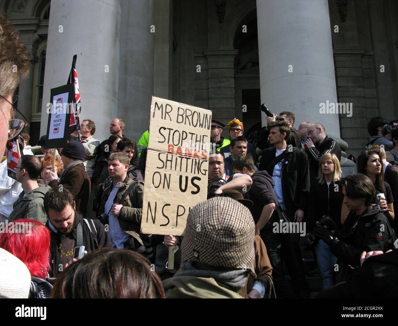 Mr Brown stop the banks shitting on us protest sign. 2009 G20 London ...