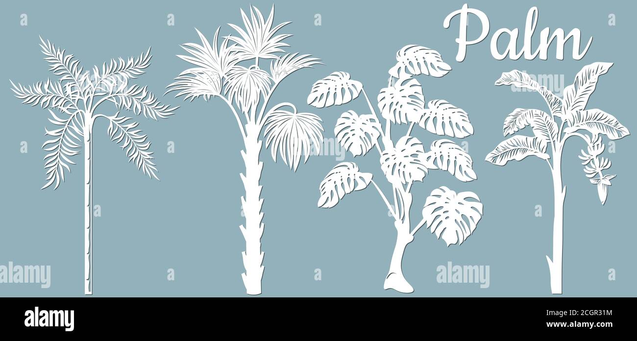 Set, tropical palm trees, paper trees. A trunk with leaves. The ...
