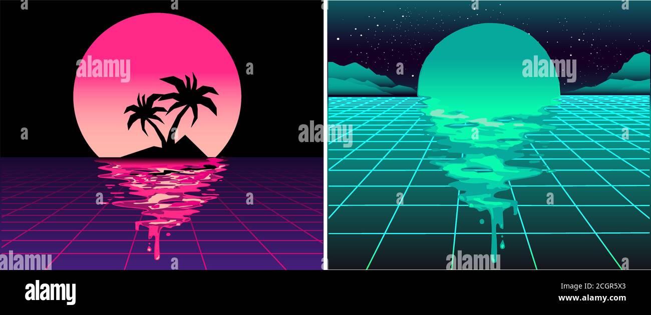 Retro 80s wave space, retro futuristic style, digital landscape in the ...