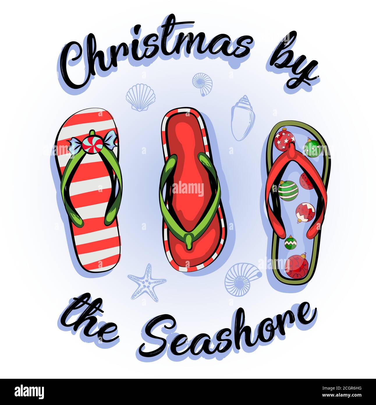 Holiday card with sandals in Christmas style on the beach, design set ...