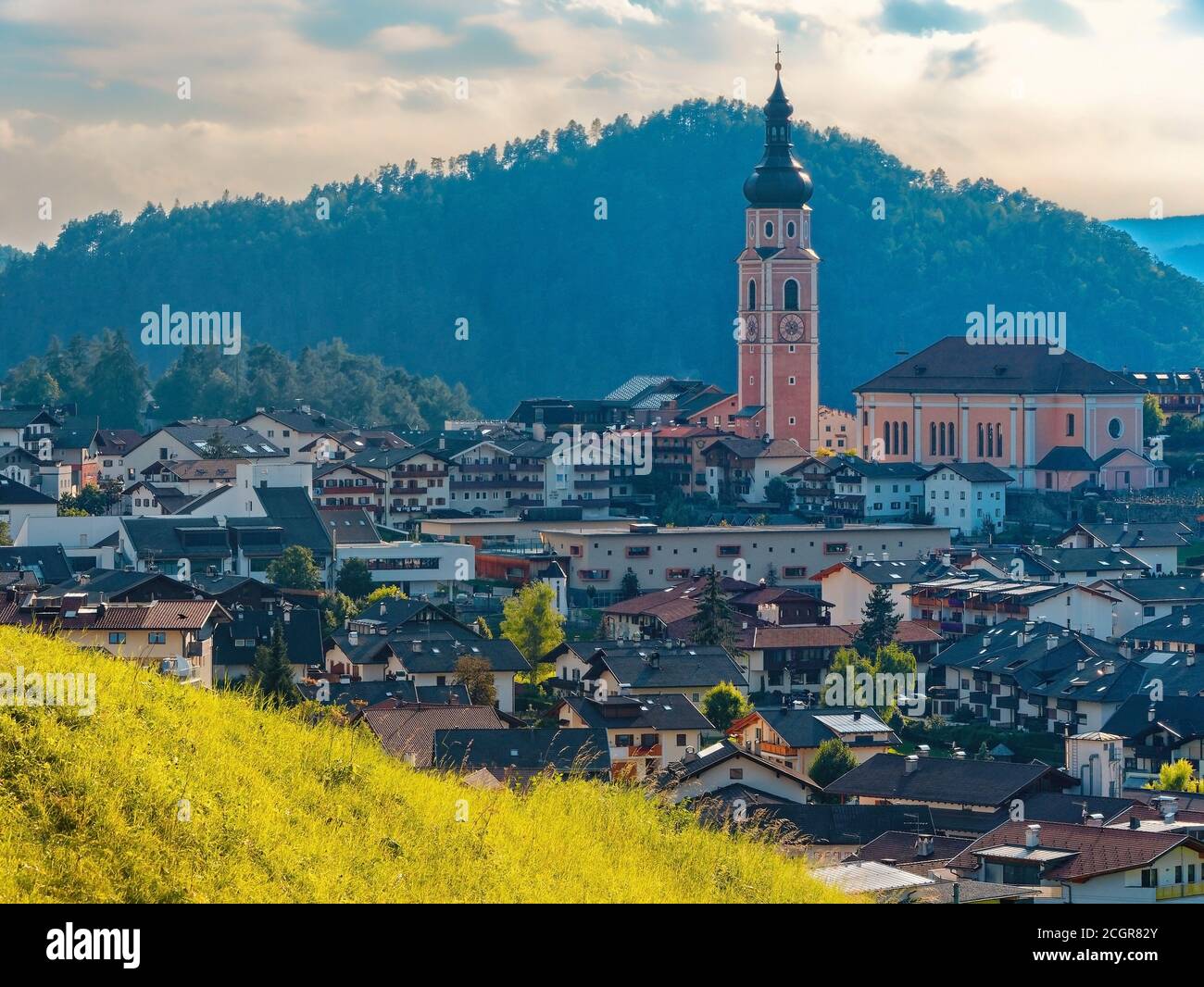 View of the town of Castelrotto in the Dolomites, South Tyrol Stock ...