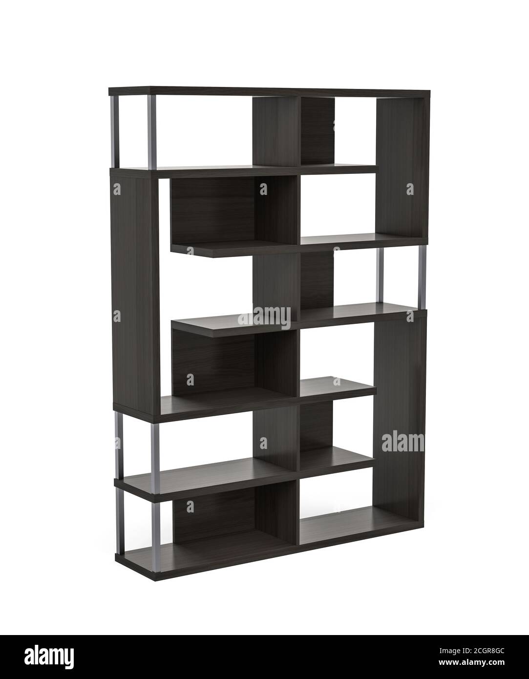 Wooden bookcase with dark wood veneer and metal trim on white ...