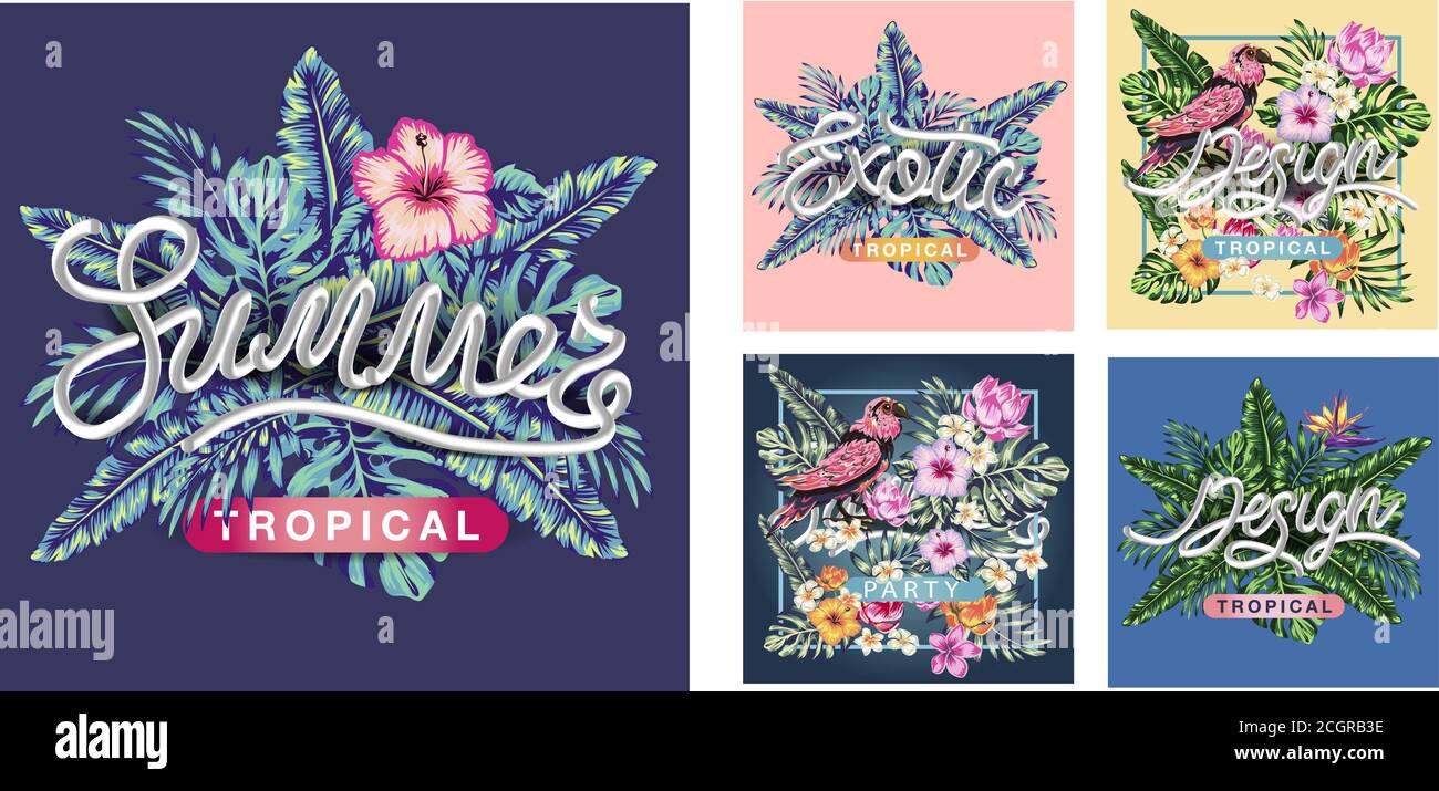 Banners with stylized tropical plants, leaves and flowers. template for ...