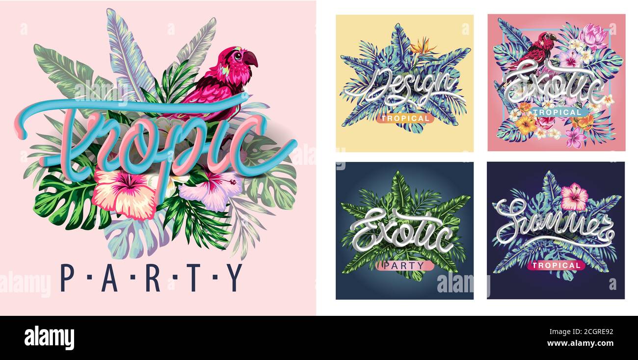 Banners with stylized tropical plants, leaves and flowers. template for ...
