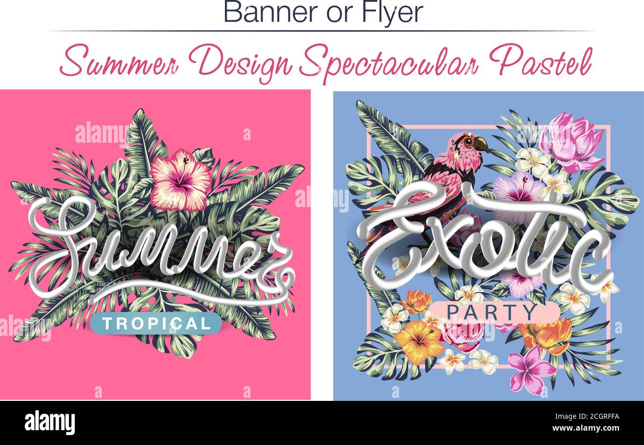 Banners with stylized tropical plants, leaves and flowers. template for ...