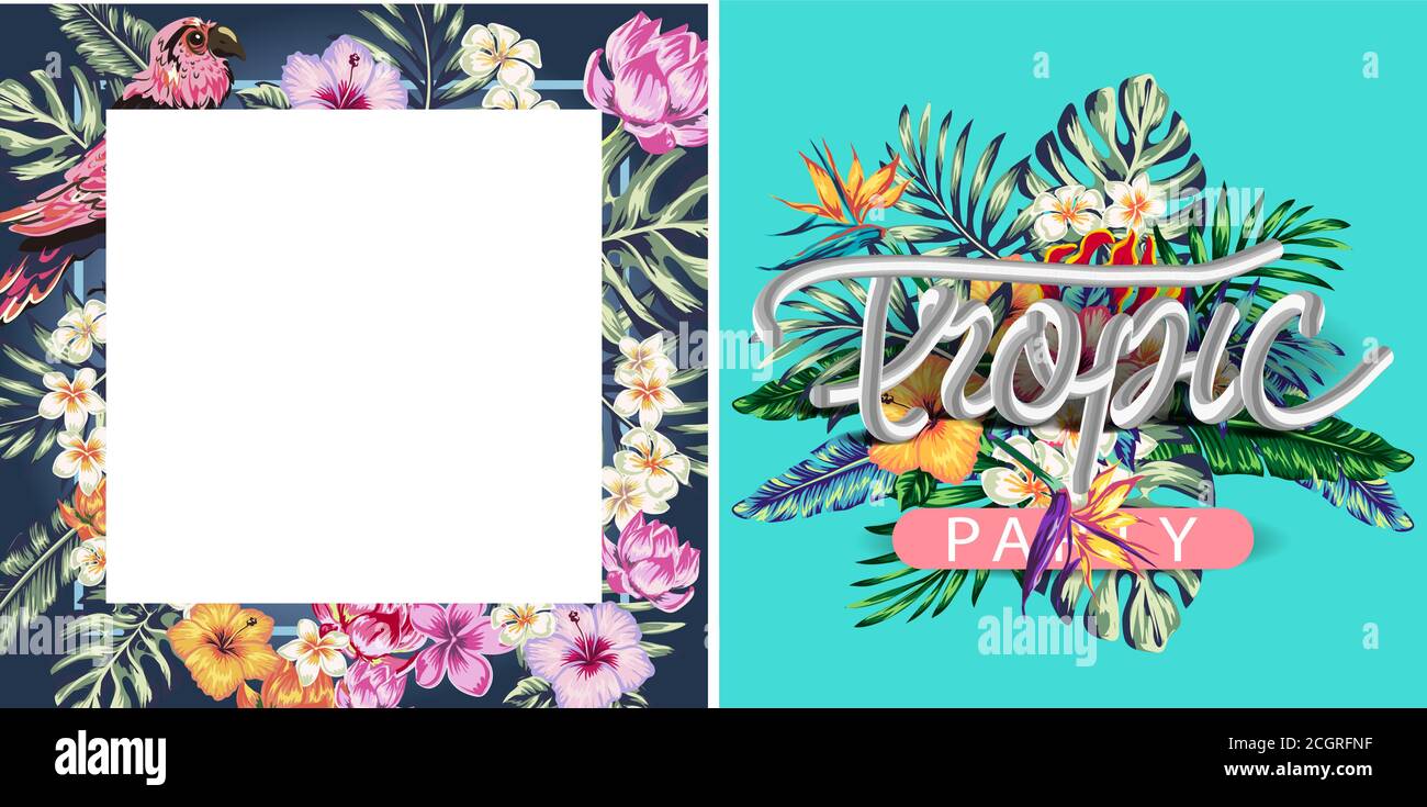 Banners with stylized tropical plants, leaves and flowers. template for ...