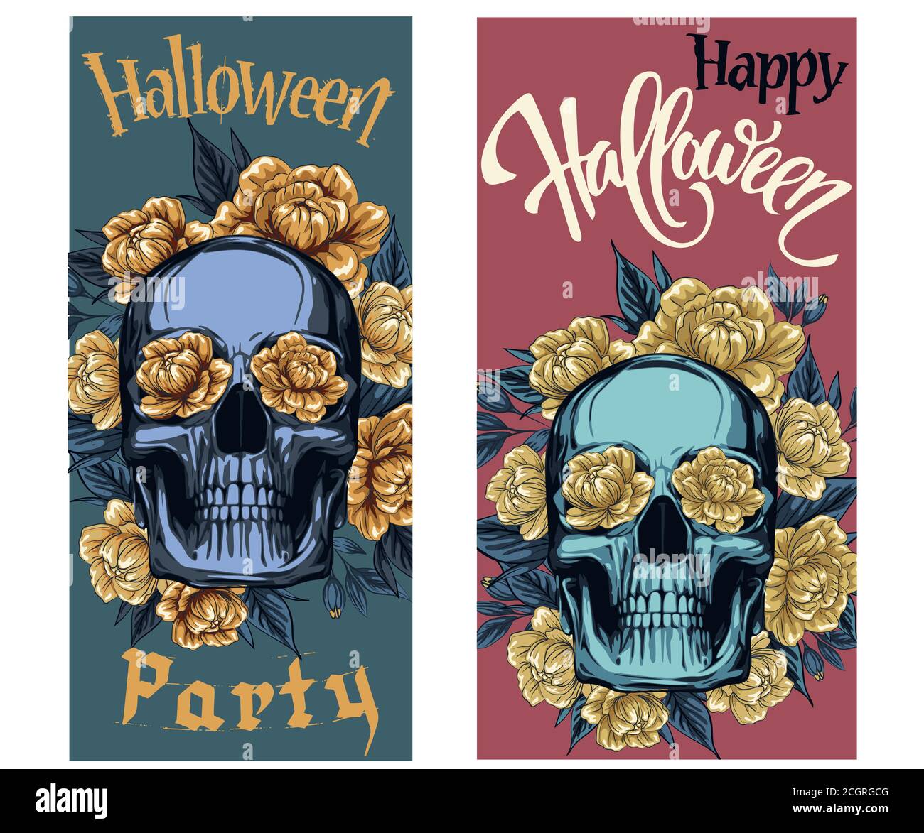 Metallic skull with floral wreath of golden roses, editable templates ...