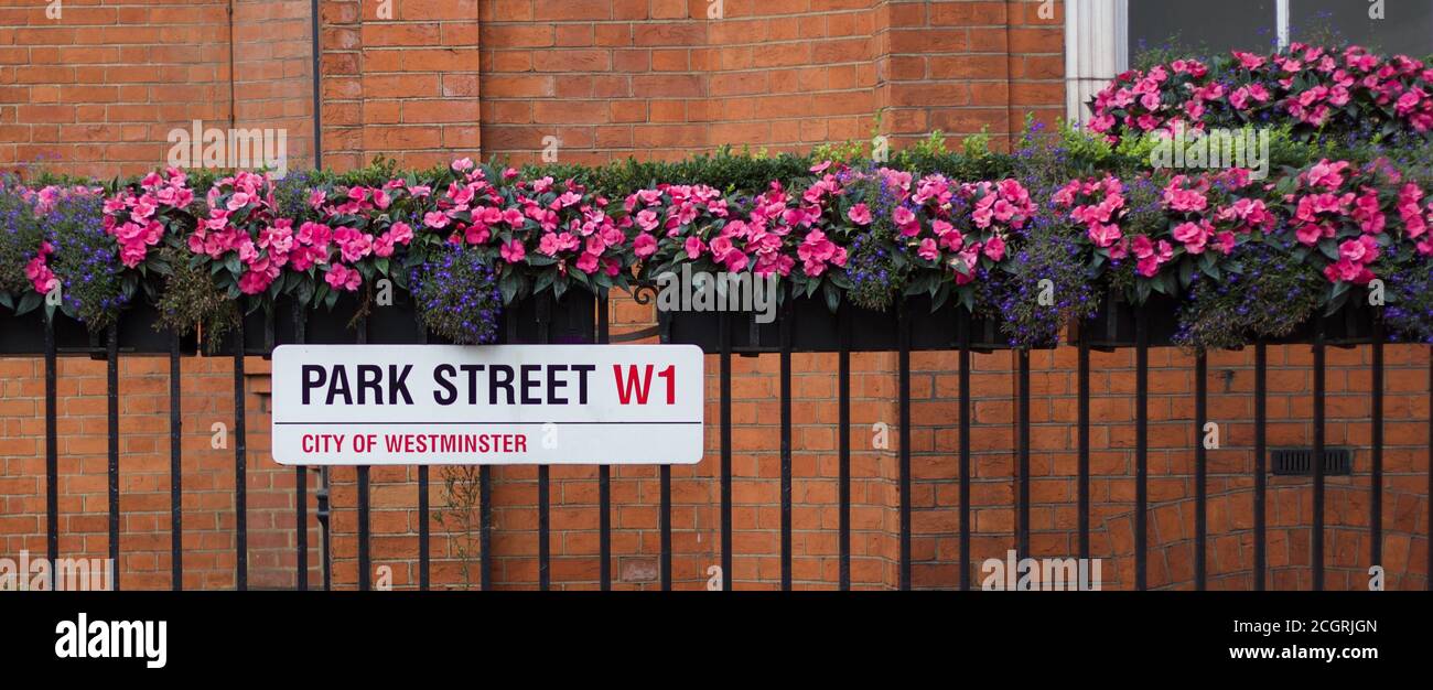 12 September 2020 - Mayfair, London UK: Road sign for Park Street in W1 ...