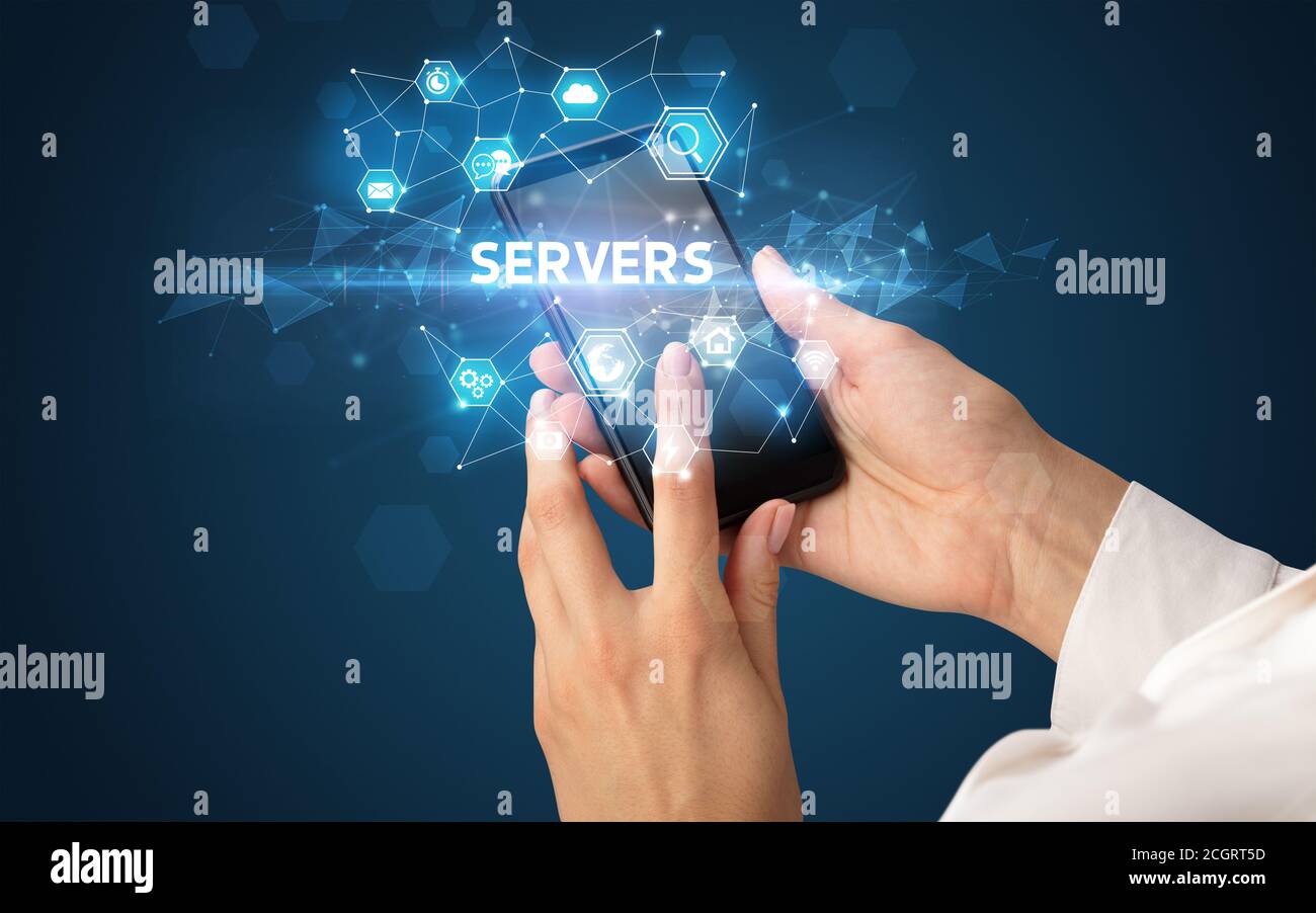 Female hand holding smartphone with SERVERS inscription, modern ...