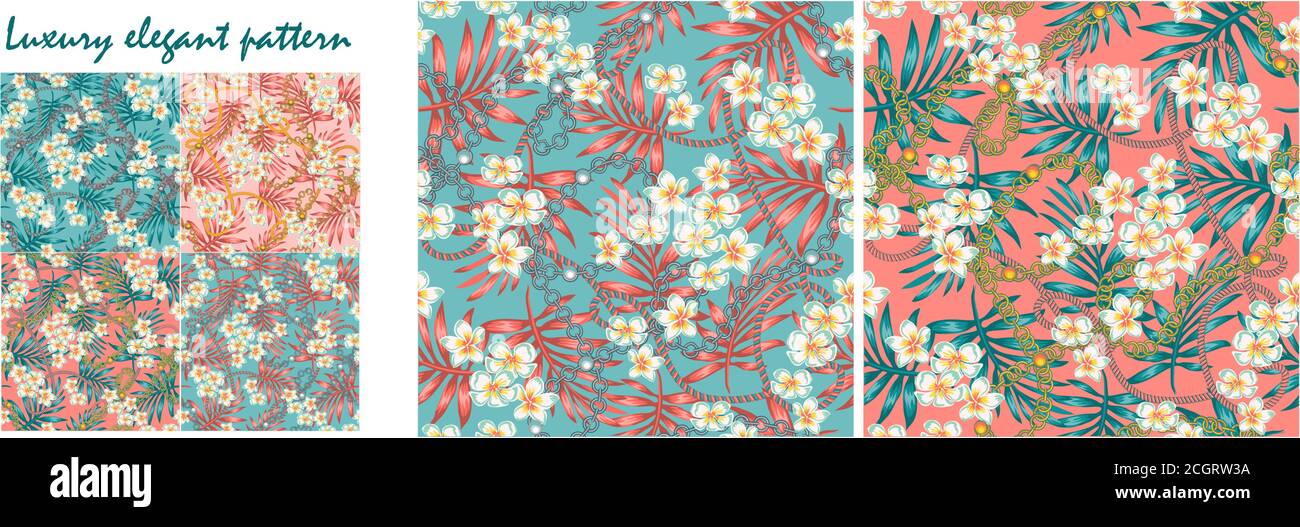 Set Luxurious elegant pattern with trendy 80s splendor tropical flowers ...