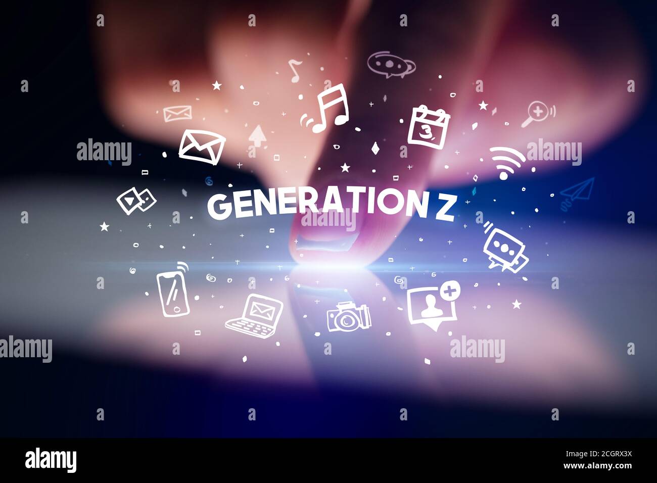 Finger touching tablet with drawn social media icons and GENERATION Z ...