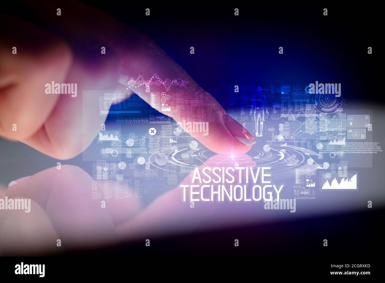 Finger touching tablet with web technology icons and ASSISTIVE ...