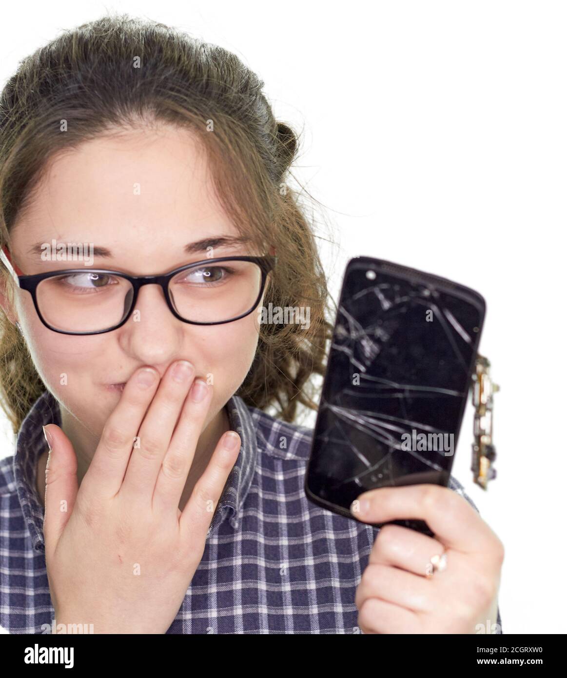 Girl holding broken mobile phone hi-res stock photography and images ...