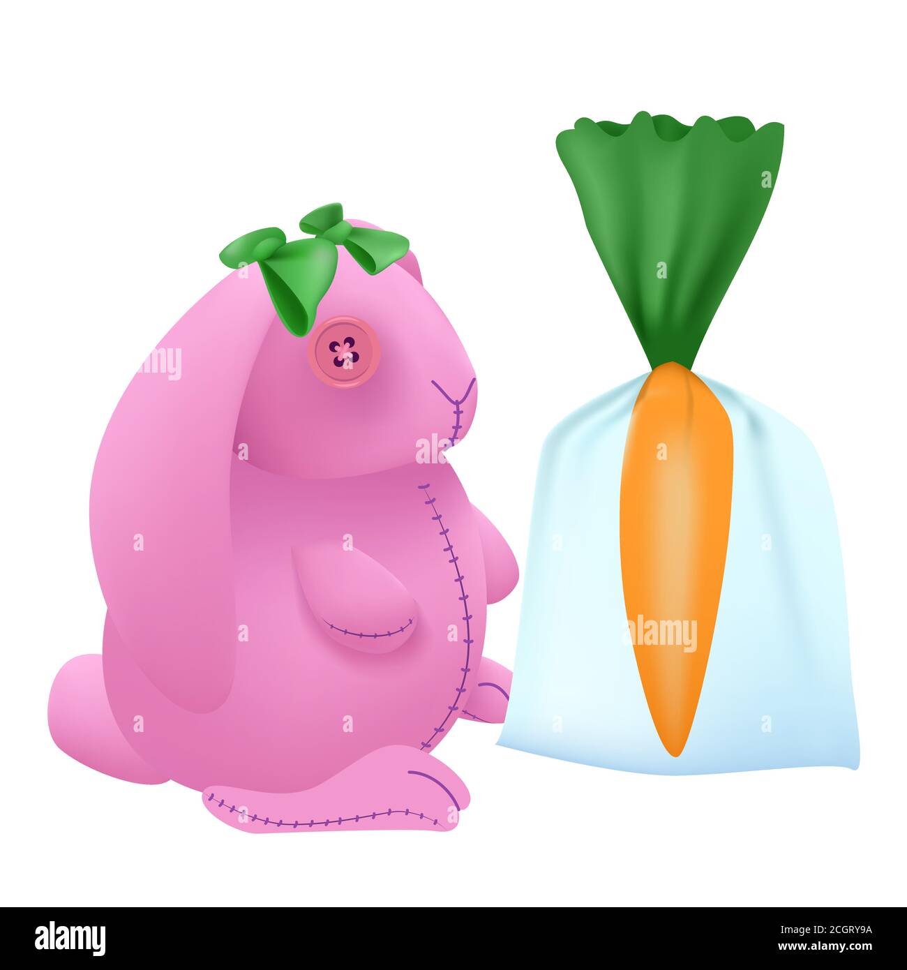 pink plush rabbit toy with carrot gift bag. hare with gift. saturated ...