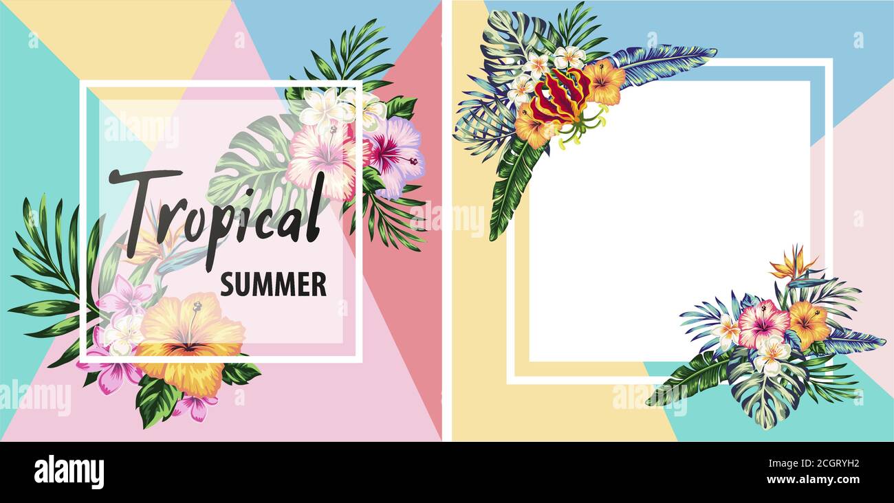 tropical collection with exotic flowers and palm leaves Design, stories ...