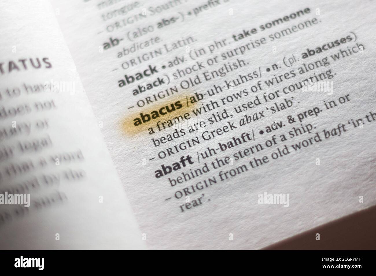 The word or phrase Abacus in a dictionary highlighted with marker Stock ...
