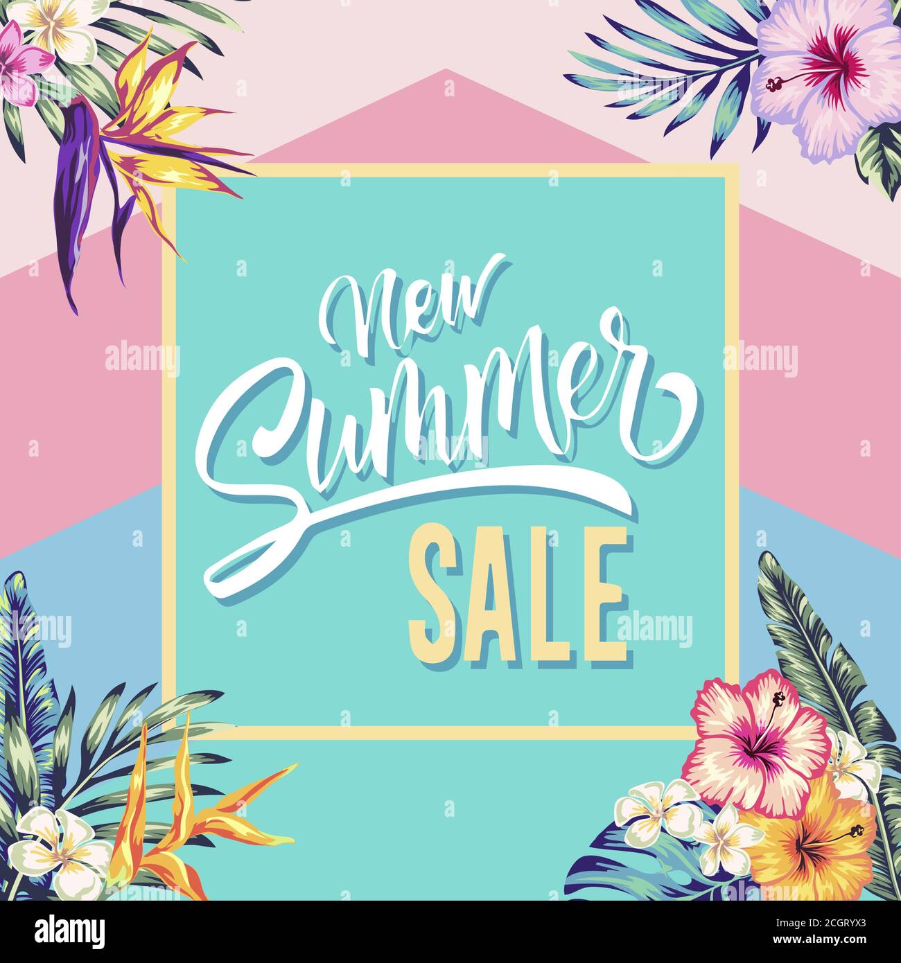 tropical flowers and palm leaves summer banner graphic background ...