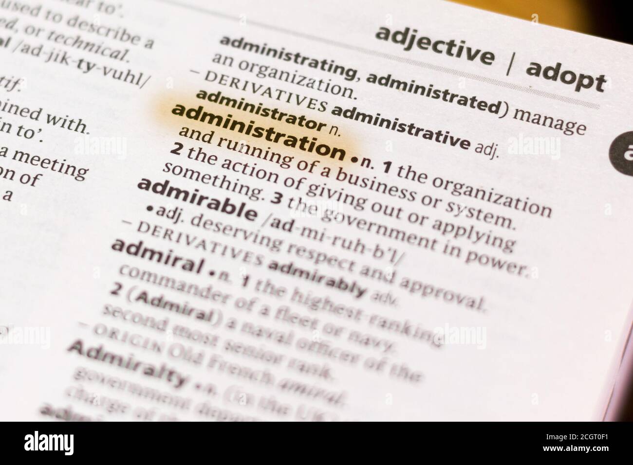 The word or phrase Administration in a dictionary highlighted with ...