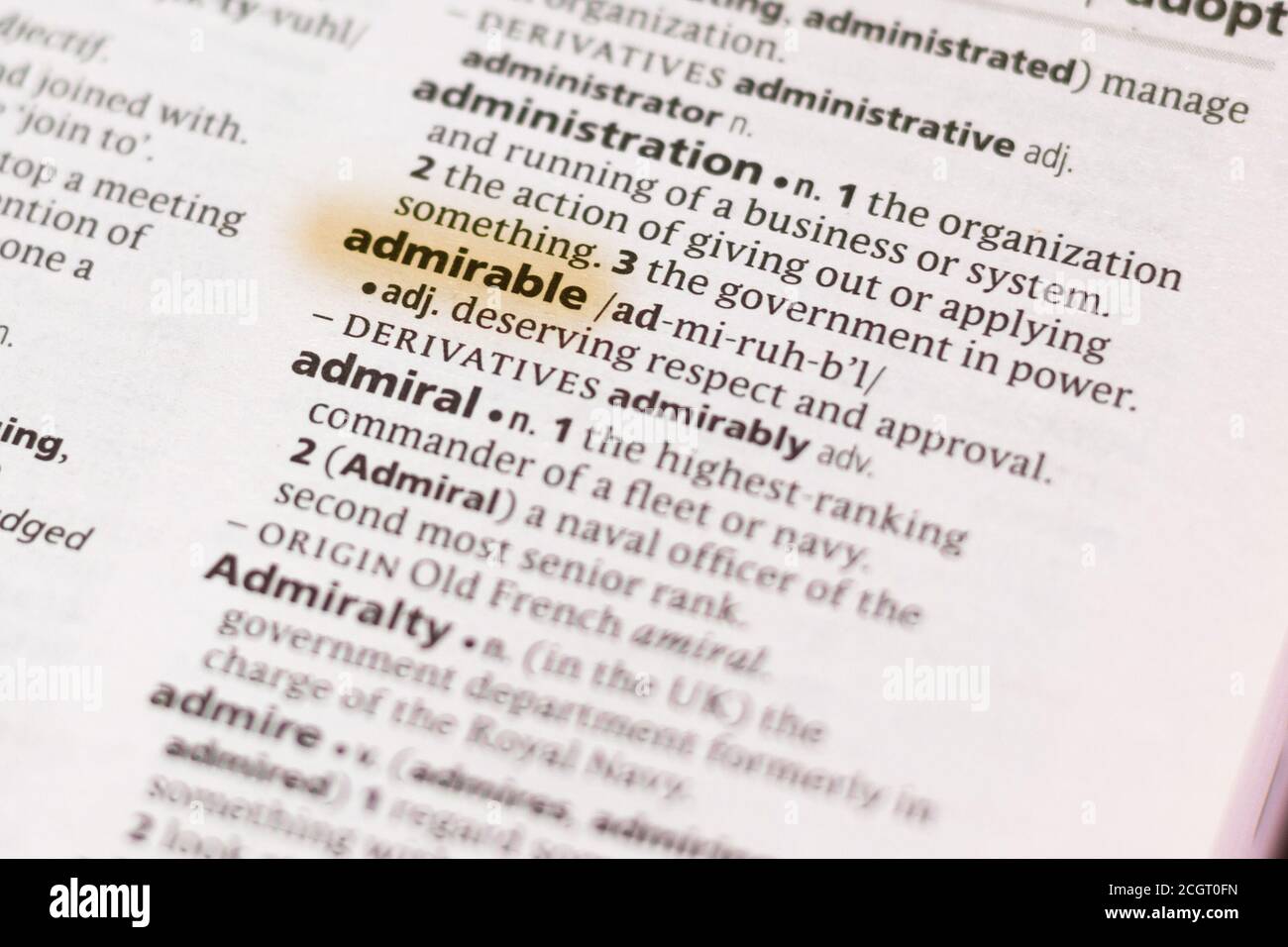 The word or phrase Admirable in a dictionary highlighted with marker ...