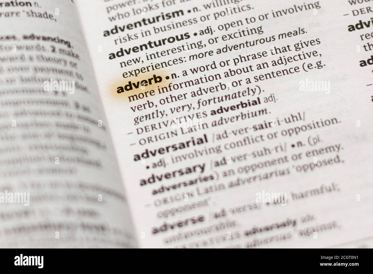 The word or phrase Adverb in a dictionary highlighted with marker Stock ...