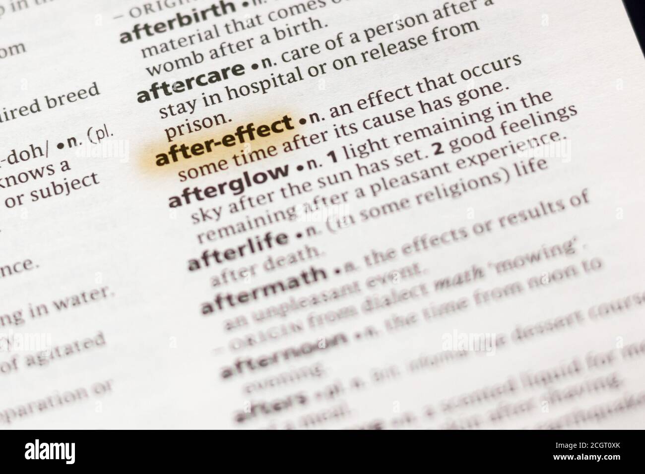 The word or phrase After-Effect in a dictionary highlighted with marker ...