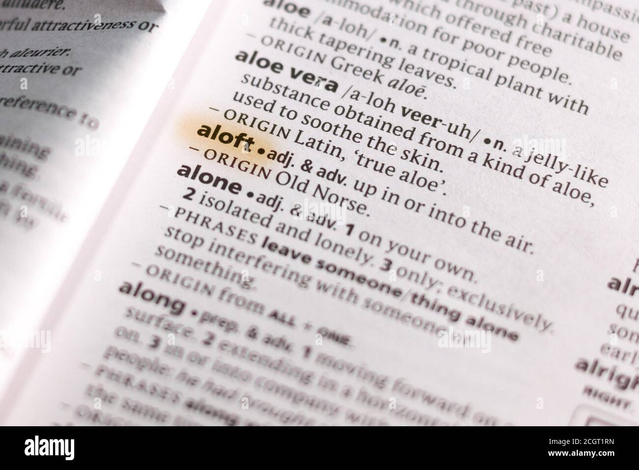 The word or phrase Aloft in a dictionary highlighted with marker Stock ...