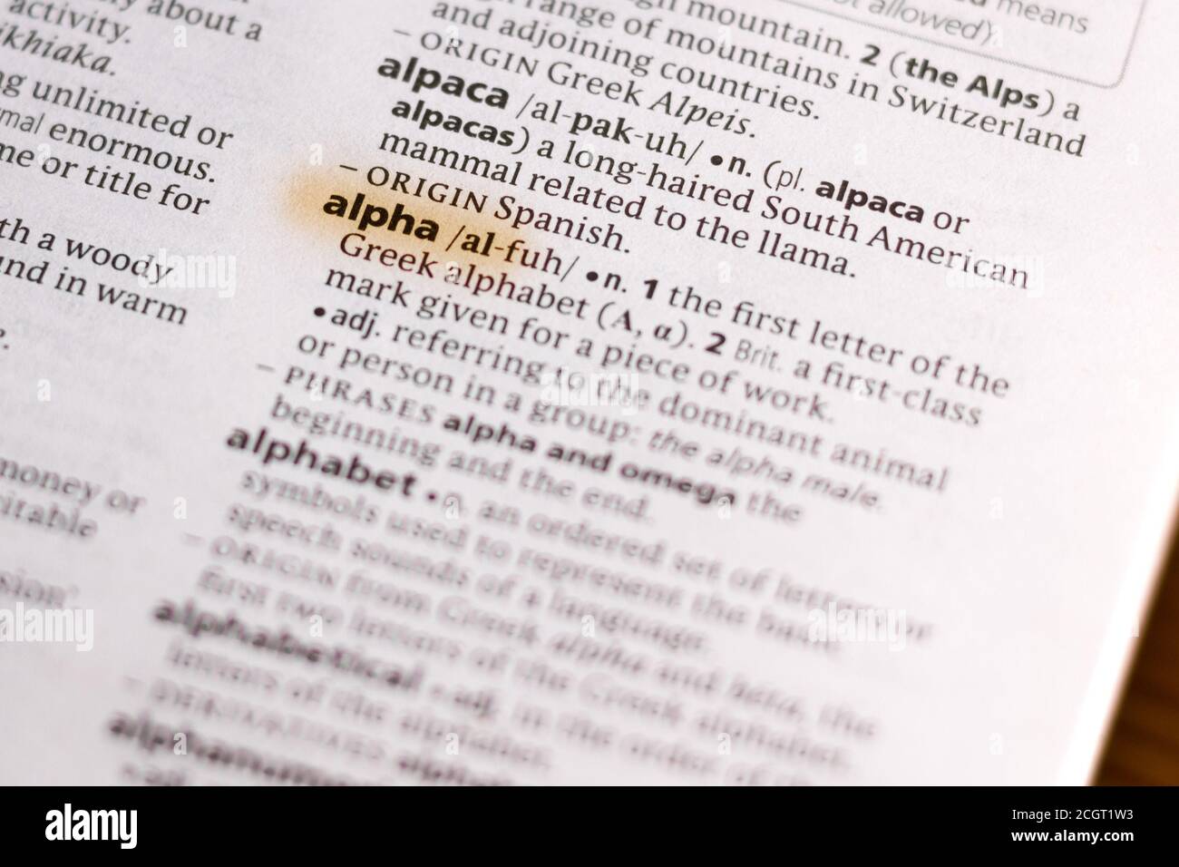 The word or phrase Alpha in a dictionary highlighted with marker Stock ...