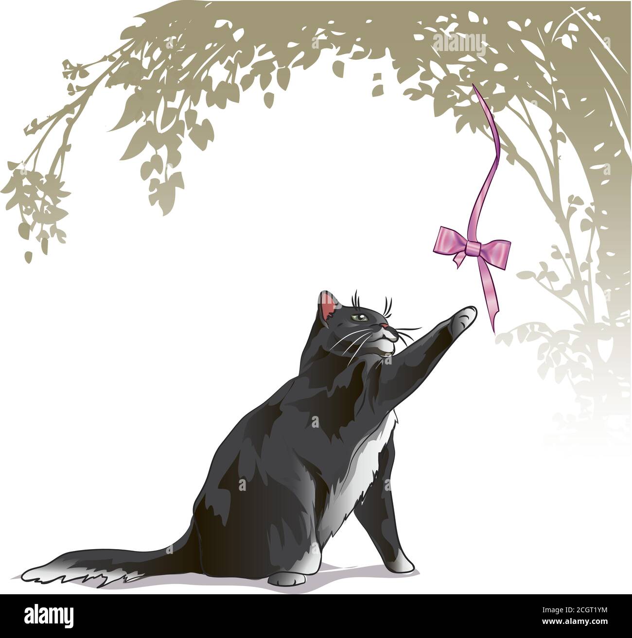 cute cartoon cat playing with bow. kittens looking up to bow on rope ...