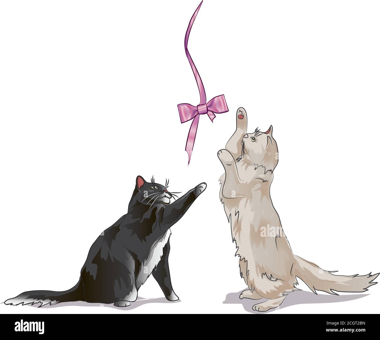 cute cartoon cat playing with bow. kittens looking up to bow on rope ...