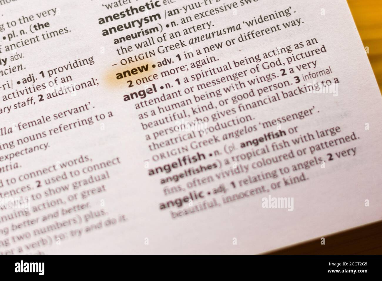 The word or phrase Anew in a dictionary highlighted with marker Stock ...